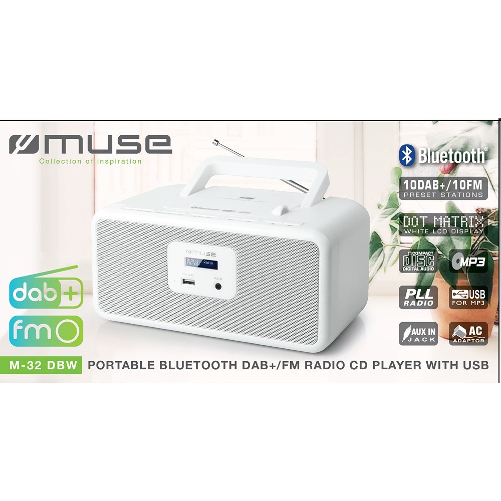 Muse M-32 DBW Portable Bluetooth DAB+/FM Radio CD Player USB Vit